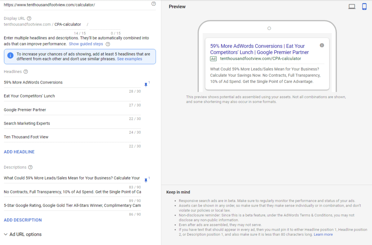 How To Implement Google's Responsive Search Ads - Ten Thousand Foot View